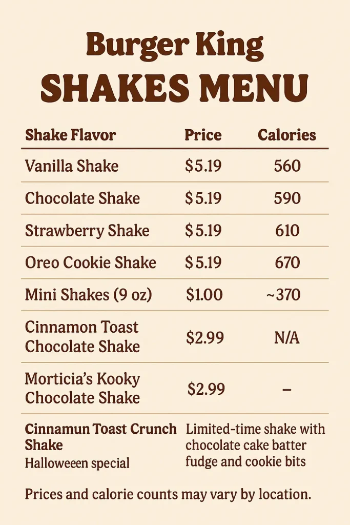 Burger King Shakes Menu 2025