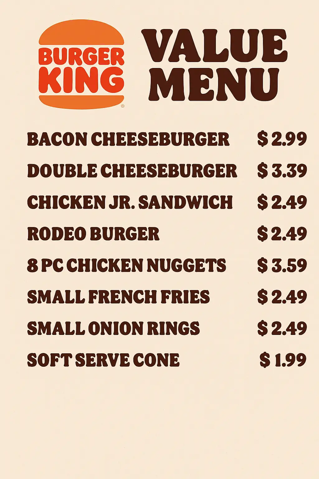 burger king value menu 2025