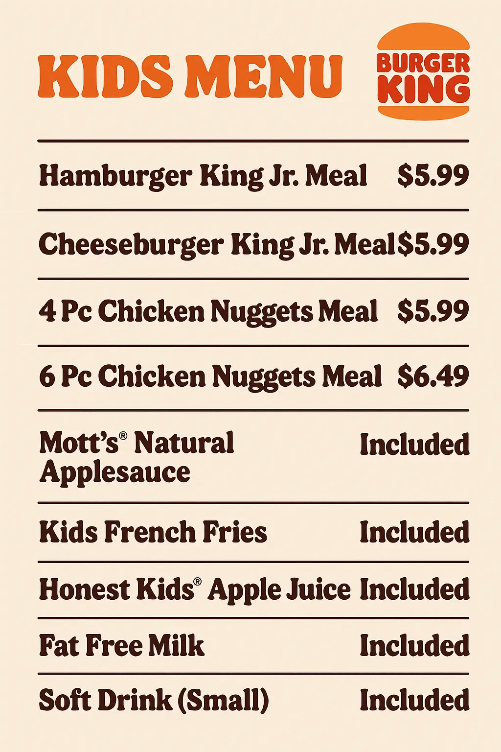 Burger King Kids Meal Menu