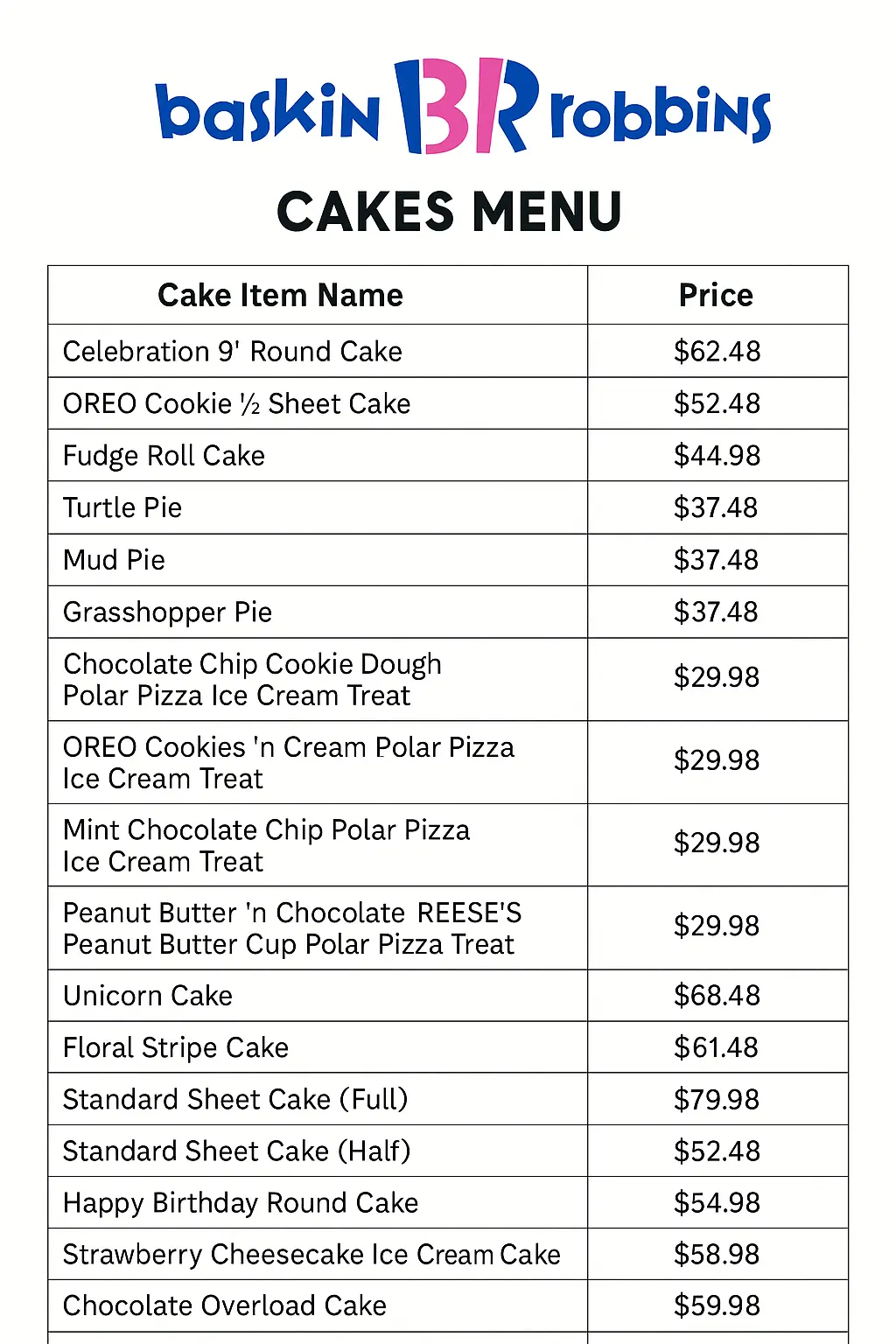 Baskin Robbins Cakes Menu Price December 2025